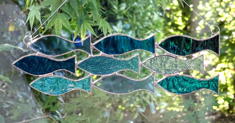 Stained Glass Shoal of 9 Fish Suncatcher - Blue... - Folksy