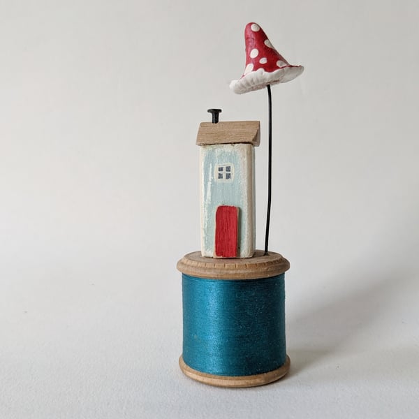 Wooden House on a Vintage Bobbin with Toadstool - Folksy
