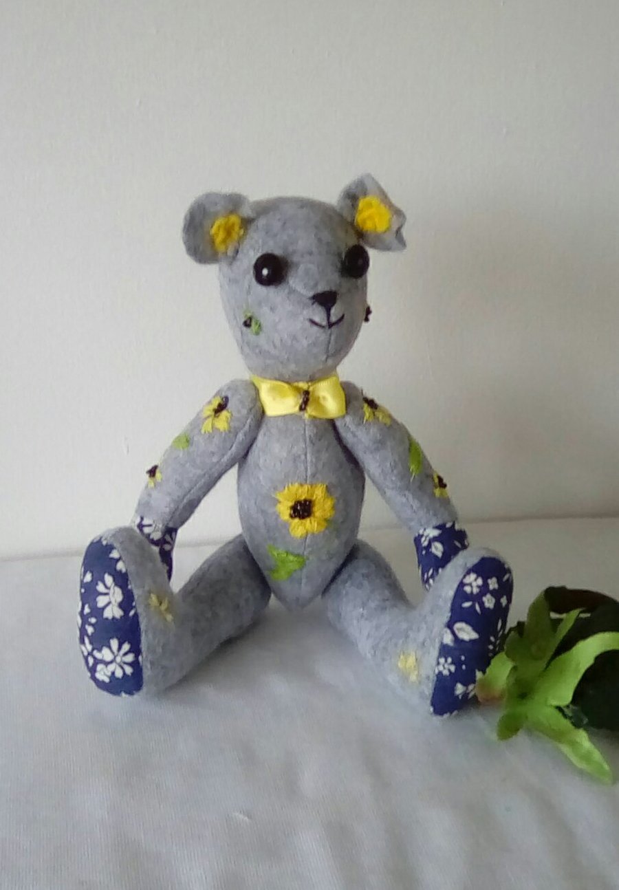 Embroidered Felt Teddy bear, Felt Teddy, Grey T... - Folksy