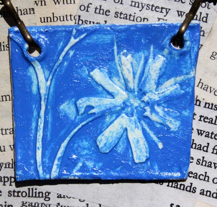 Embossed Clay Blue Flower Bee Charm Gold Necklace - Folksy