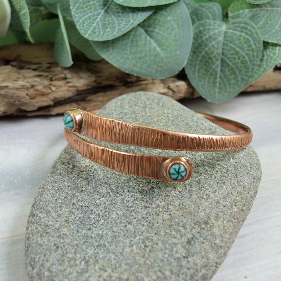 Copper BoHo Bangle with Green Patterned Glass a... - Folksy