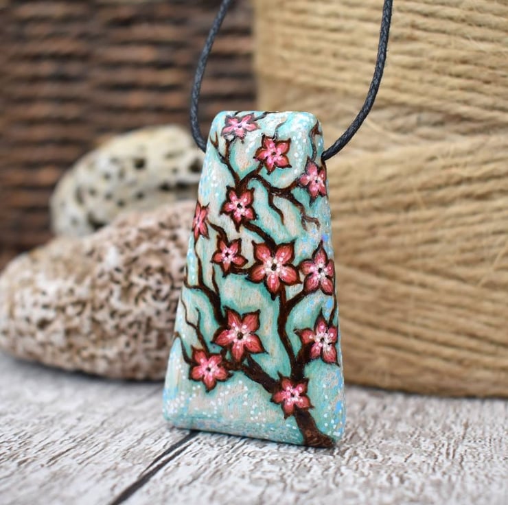 Cherry tree blossom pyrography pendant. Wooden ... - Folksy