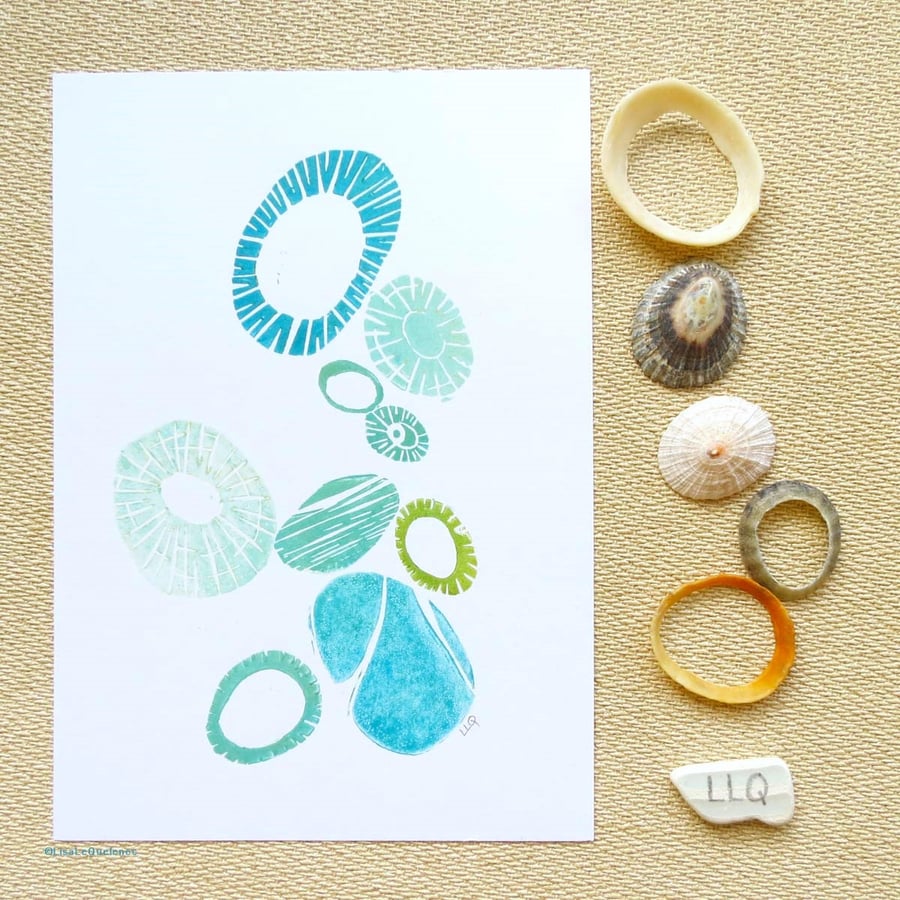 Original lino monoprint sea shells and pebbles ... - Folksy