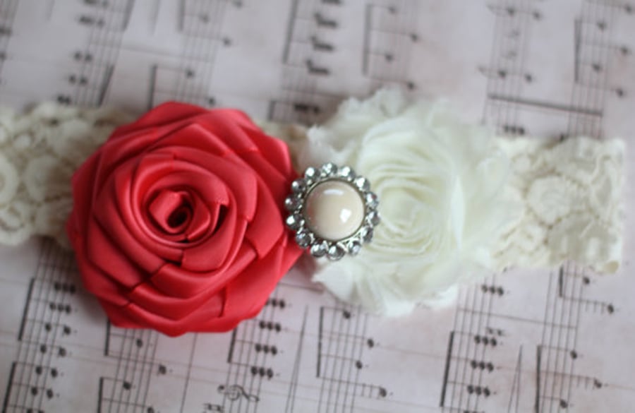 GRETA: Coral Red Wedding Garter. Ivory Lace Gar... - Folksy
