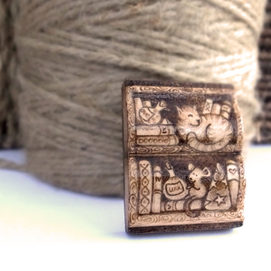 Wooden pyrography book shaped bookshelf brooch ... - Folksy