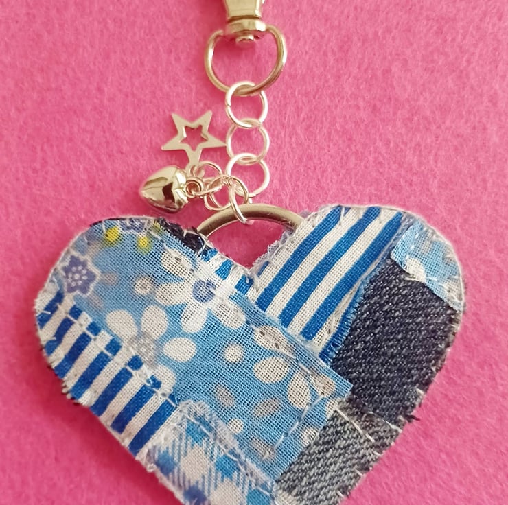 Handmade Fabric Patchwork Heart Keyring Bag Cha... - Folksy
