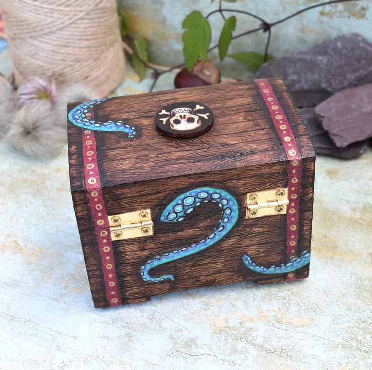 Pyrography pirate chest, small rustic wooden fe... - Folksy