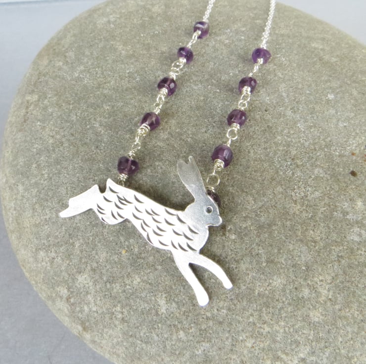 Silver Leaping Hare Necklace with Amethyst, Hal... - Folksy