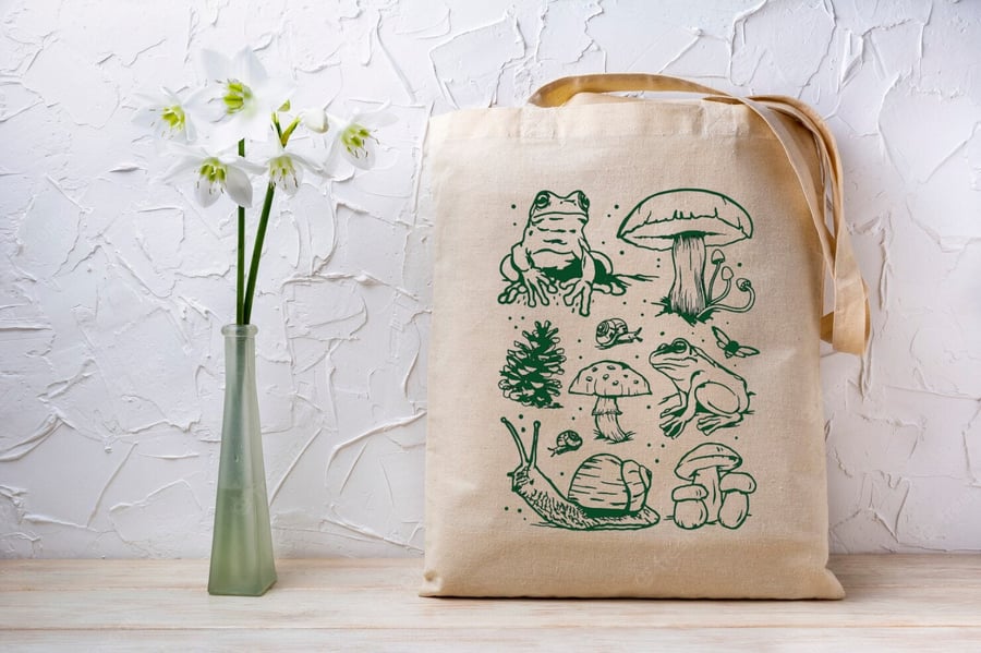 Snail,Frog & Mushroom tote bag, Cottagecore... - Folksy