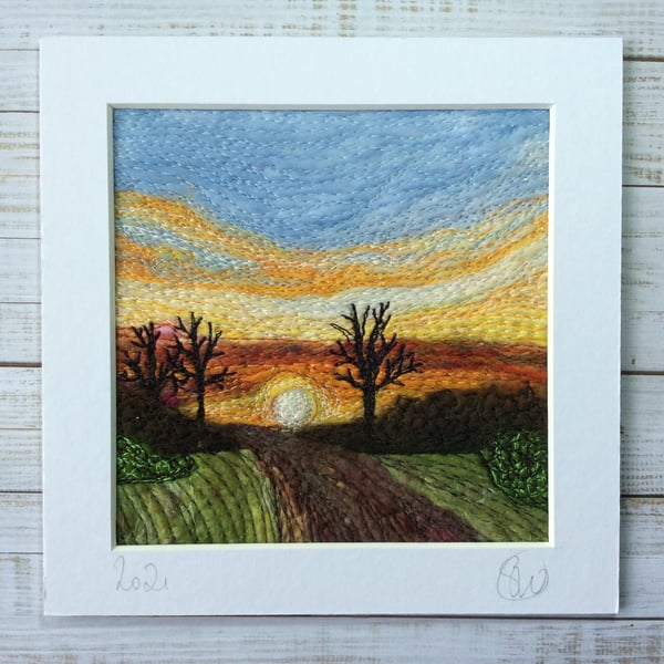 Embroidered sunset needle felted countryside la... - Folksy