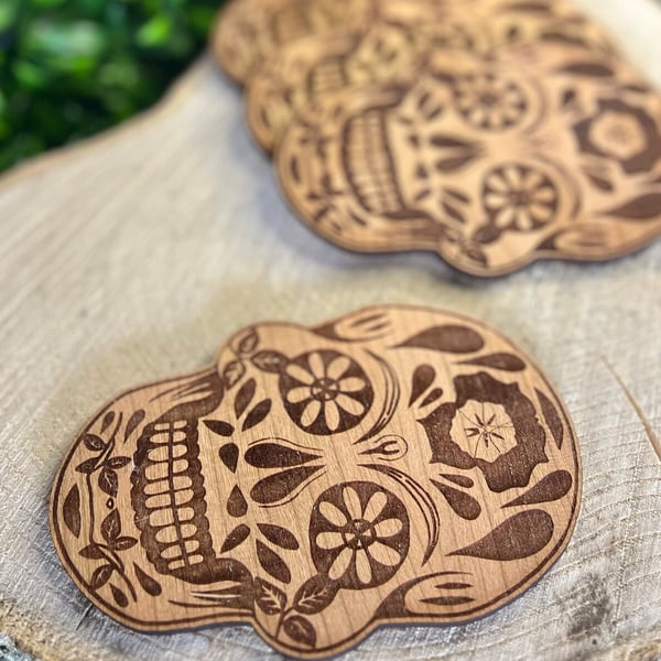 Set of 4 Wooden Skull Coasters - laser cut, sug... - Folksy