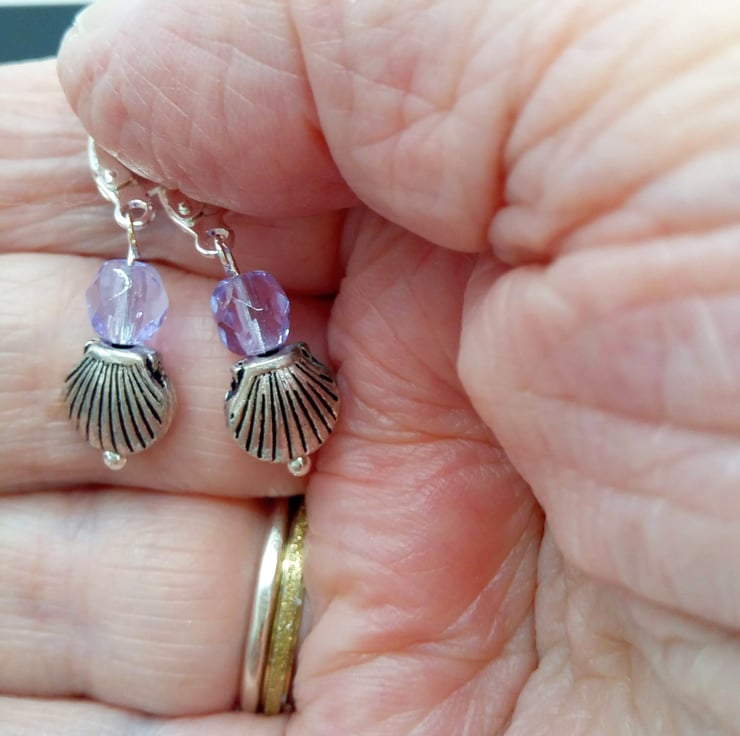 Clam Shell Charm and Lilac Glass Crystal Lever ... - Folksy