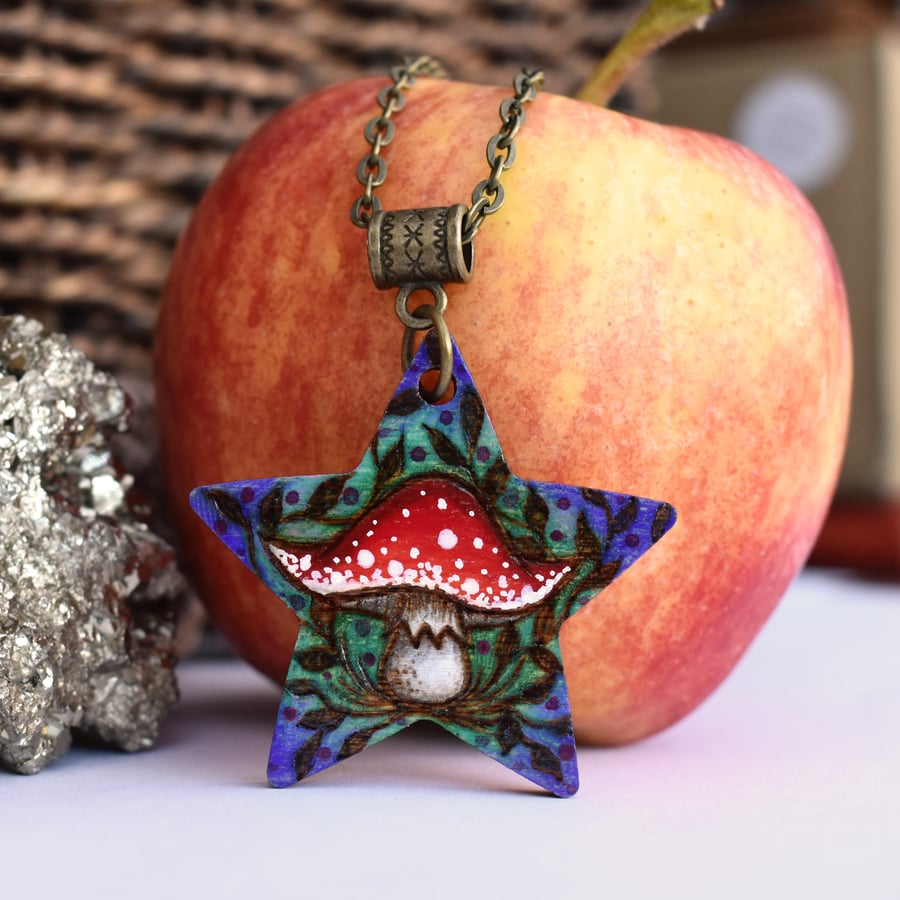 A shroom star. Pyrography toadstool pendant, fl... - Folksy