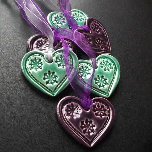 Set of six ceramic heart decorations - Folksy