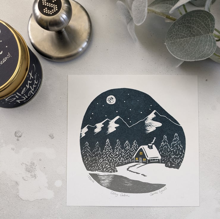 Cozy Cabin Limited Edition Linocut Print - Folksy