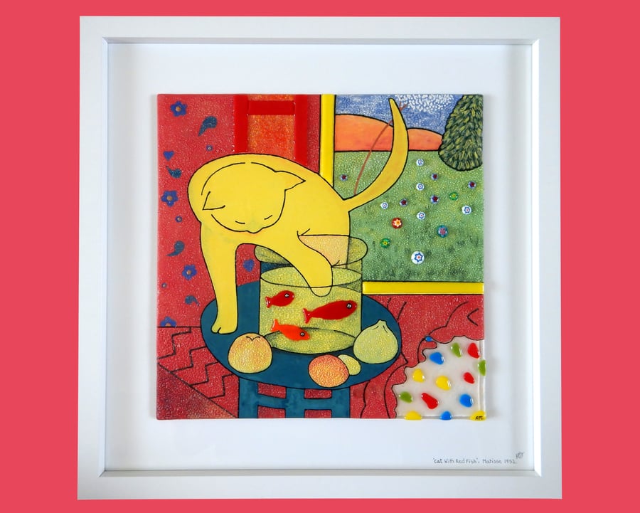 Handmade Fused Glass "cat With Red Fish&qu... - Folksy