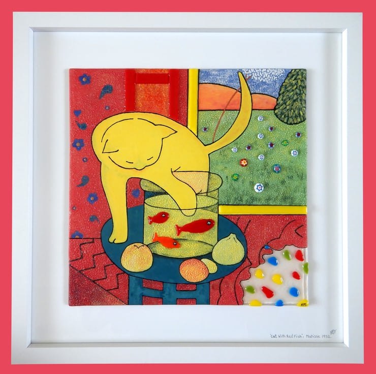 Handmade Fused Glass "cat With Red Fish&qu... - Folksy