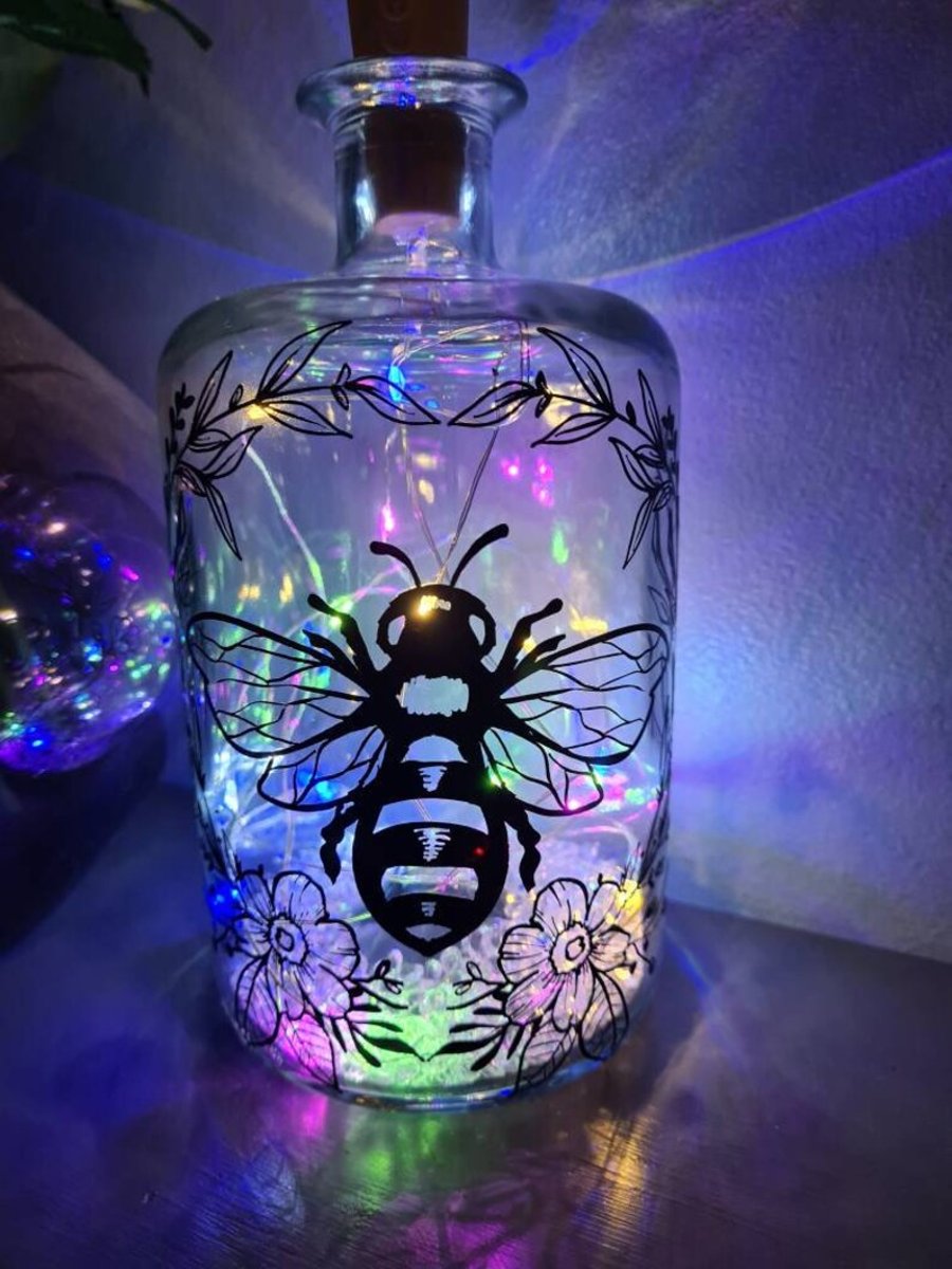 Bee and floral bottle lamp, Light up gift for b... - Folksy