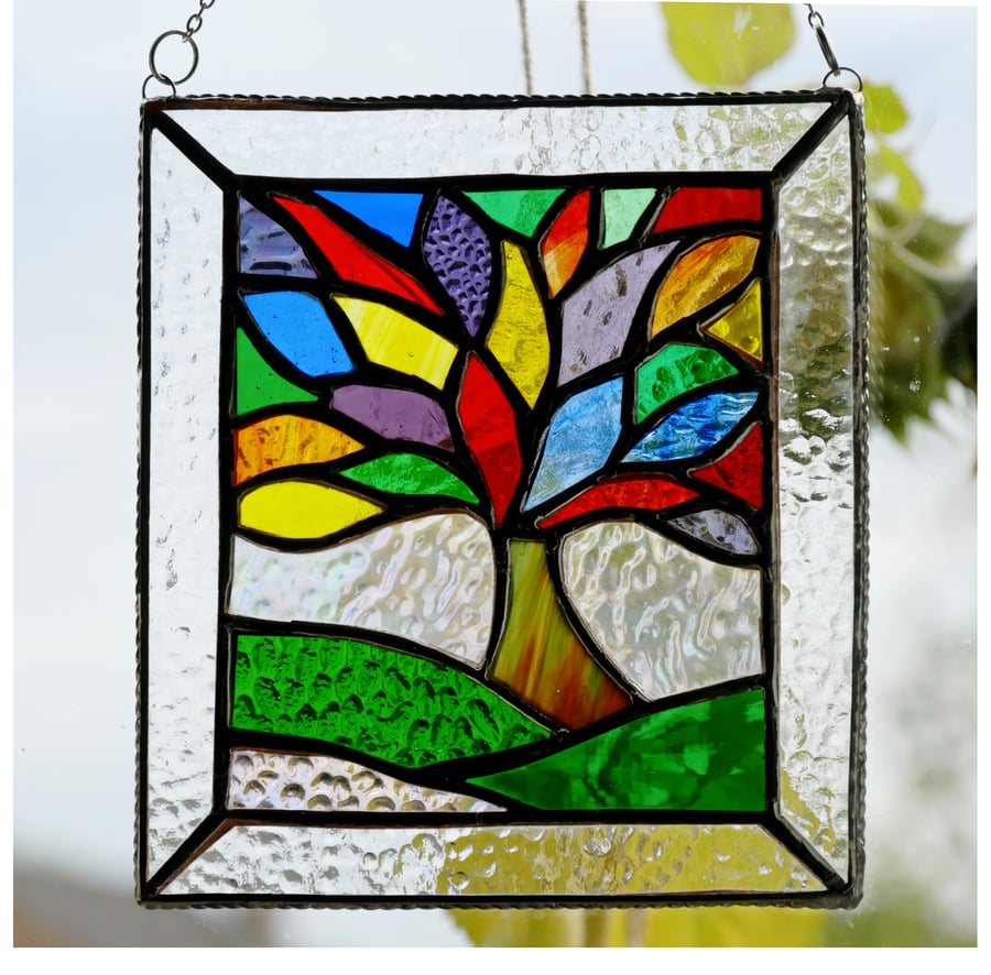 Rainbow Tree of Life Suncatcher Leaf Stained Gl... - Folksy
