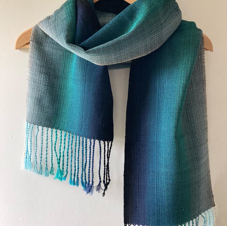 Deep Blue Sea Cotton, Linen Handwoven Scarf - Folksy