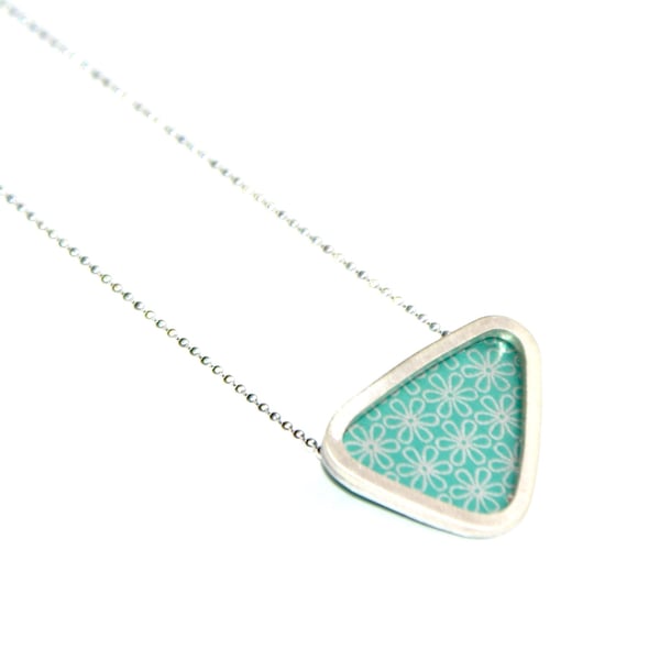 Silver and mint triangle necklace - flower pattern - Folksy