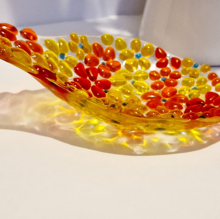 Fused glass yellow and orange ditsy spoon rest - Folksy