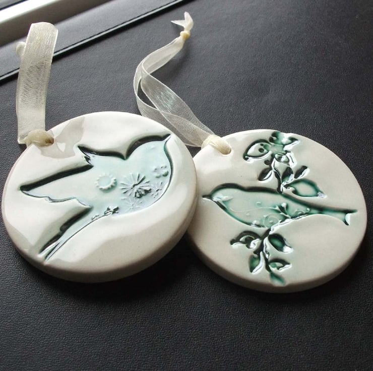 Set of two large ceramic bird hanging decoratio... - Folksy