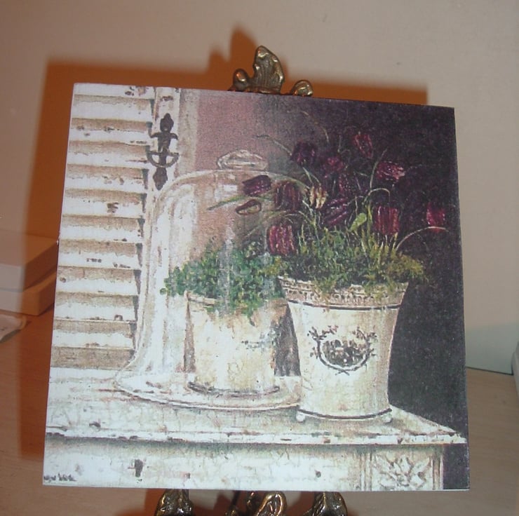 Shabby chic distressed flower pot picture plaque - Folksy