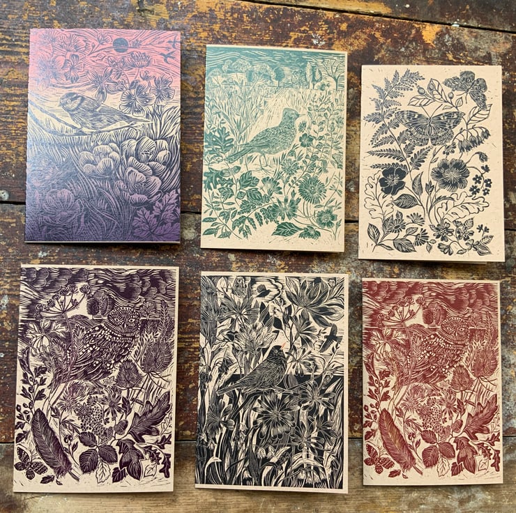 Six blank linocut greetings cards. - Folksy