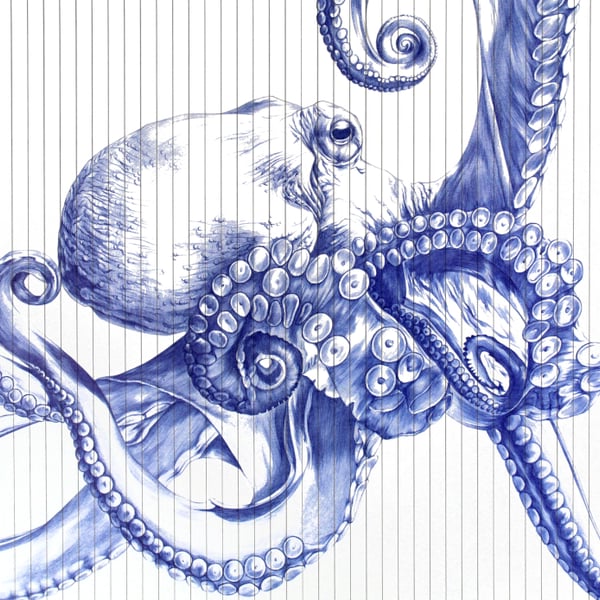 Octopus Blue Ballpoint Pen Art Authenticated Pr... - Folksy
