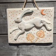 Pottery Hare Wallhanging Plaque, Magical Leapin... - Folksy