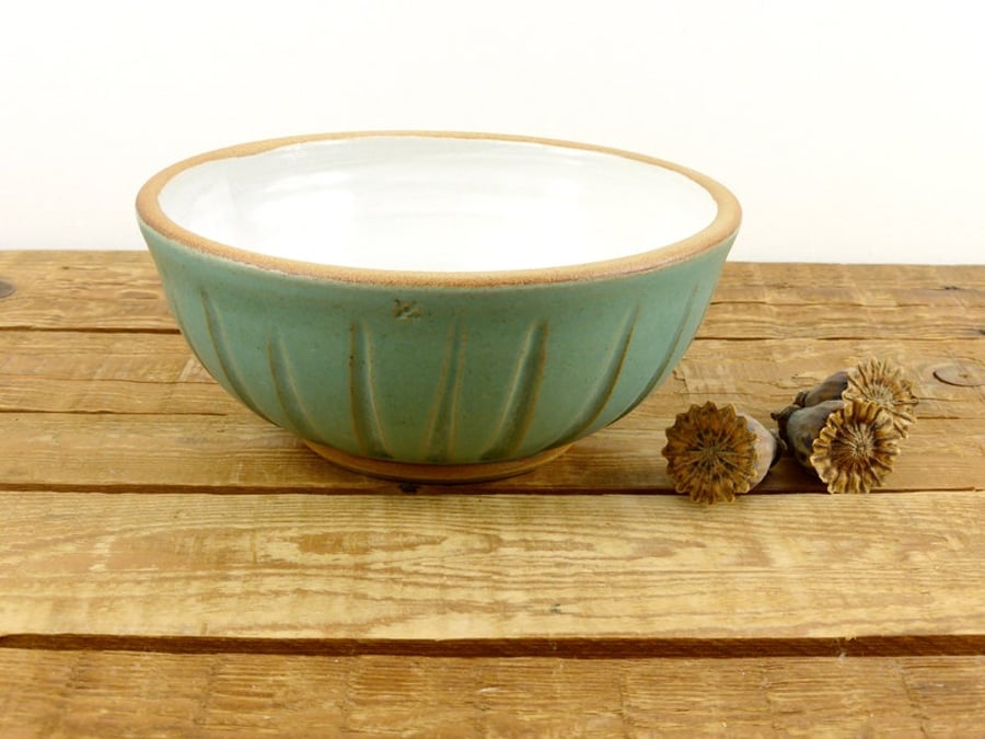 Bowl, Jade & White Glazed, Fluted Design - Folksy