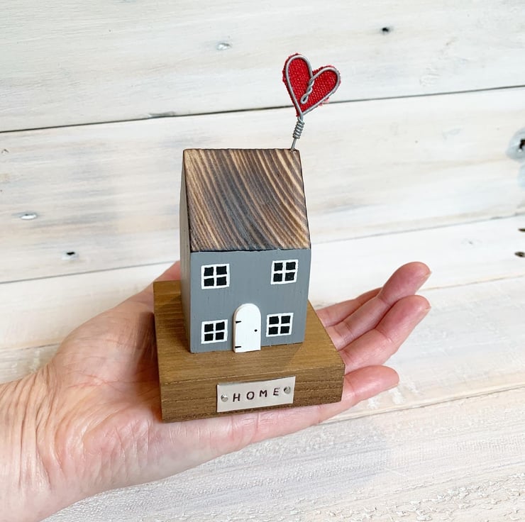 Handmade Wooden Cottage with Heart (Grey) - Folksy