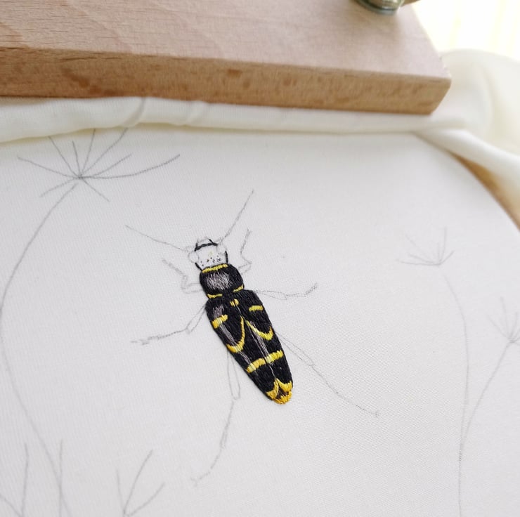 Hand Embroidered Silk Wasp Beetle with Cow Parsley - Folksy