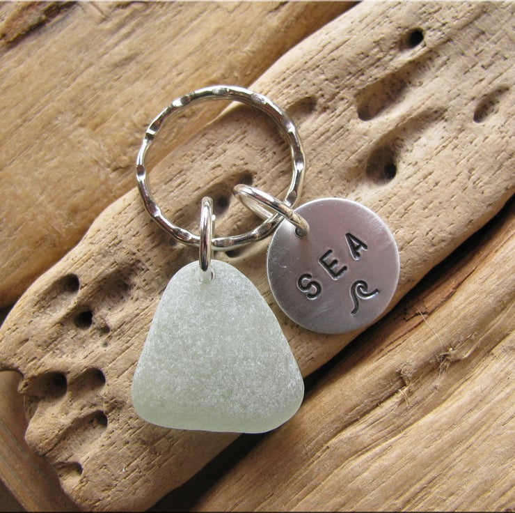 Natural sea glass, stamped keyring - Folksy