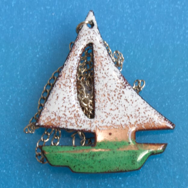 boat with green hull and white sails - pendant - Folksy