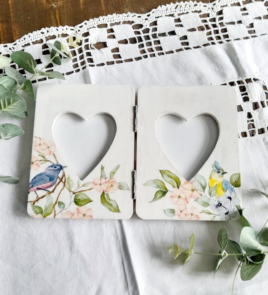 Shabby Chic Wooden Double Heart Photo Frame - Folksy