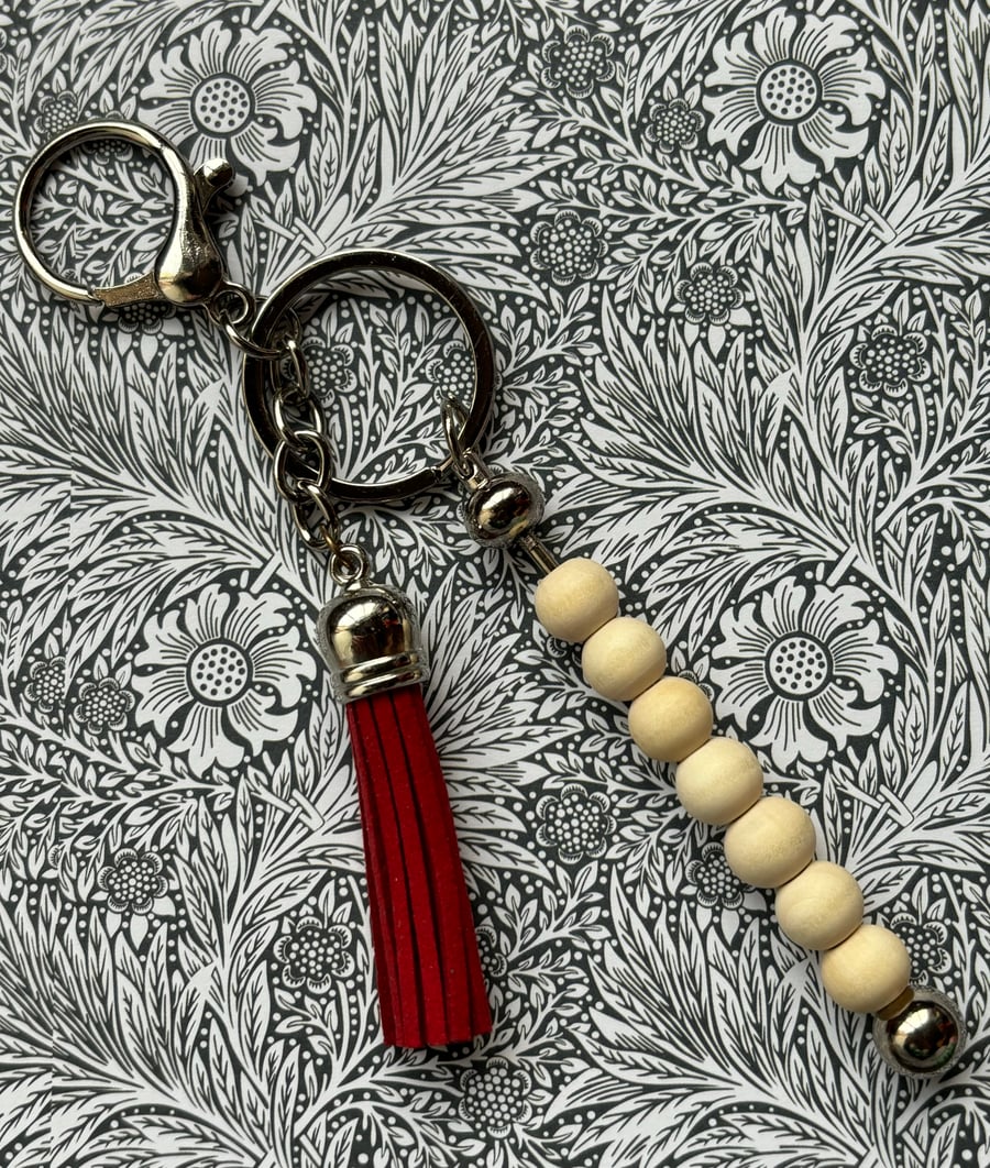 Wooden beaded keychain bag charm with red leath... - Folksy
