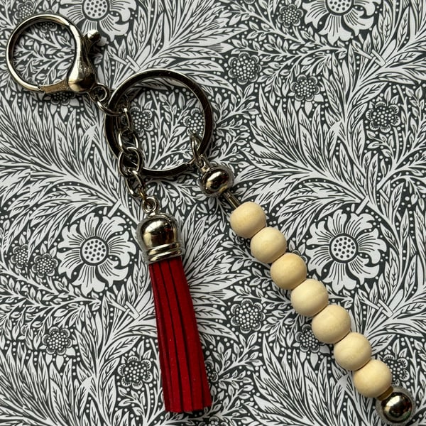 Wooden beaded keychain bag charm with red leath... - Folksy