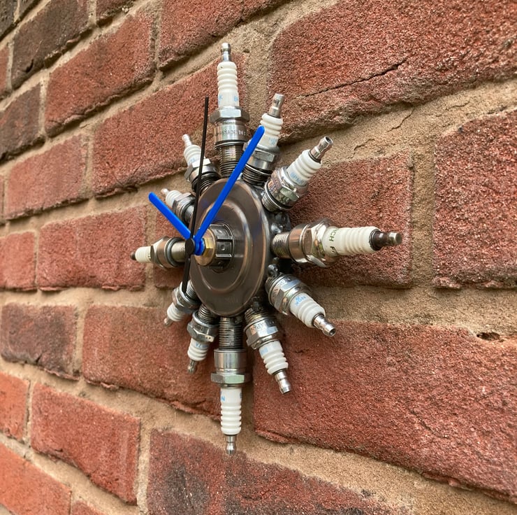 Sunburst Wall Clock, Upcycled Spark Plugs - Folksy