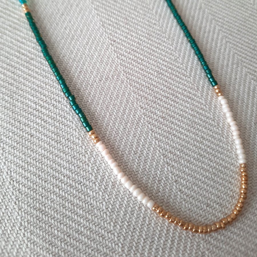 Glass beaded necklace, emerald green, aqua, cre... - Folksy