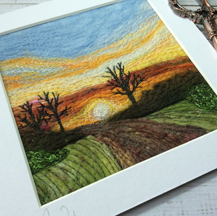 Embroidered sunset needle felted countryside la... - Folksy