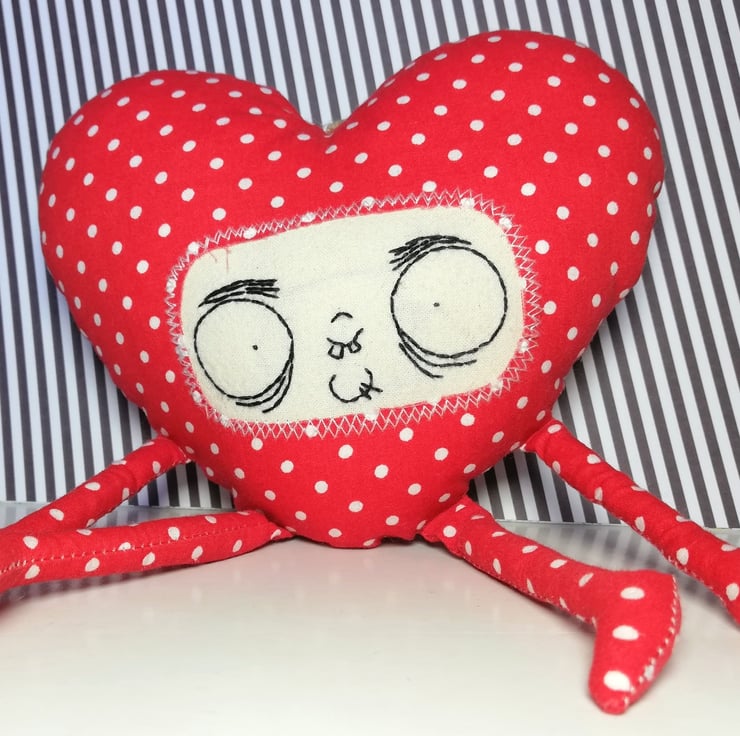 Quirky Hand Embroidered Wonky Heart in Red Polk... - Folksy