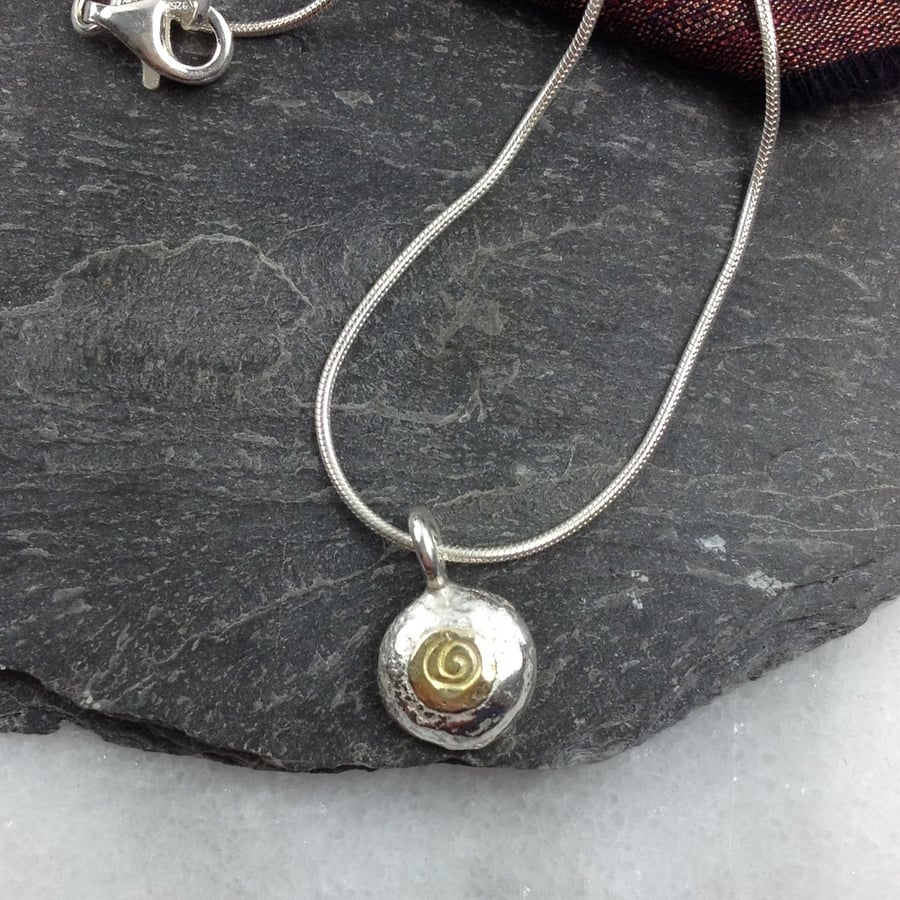 Silver and 18ct gold spiral pebble pendant and ... - Folksy