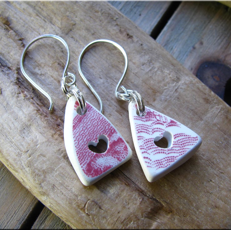 Pottery shard heart earrings - Folksy