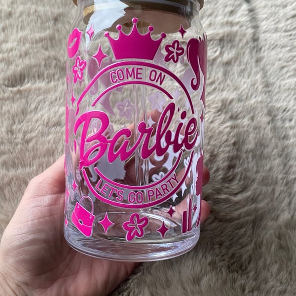 16oz Barbie beer glass with bamboo lid and straw - Folksy