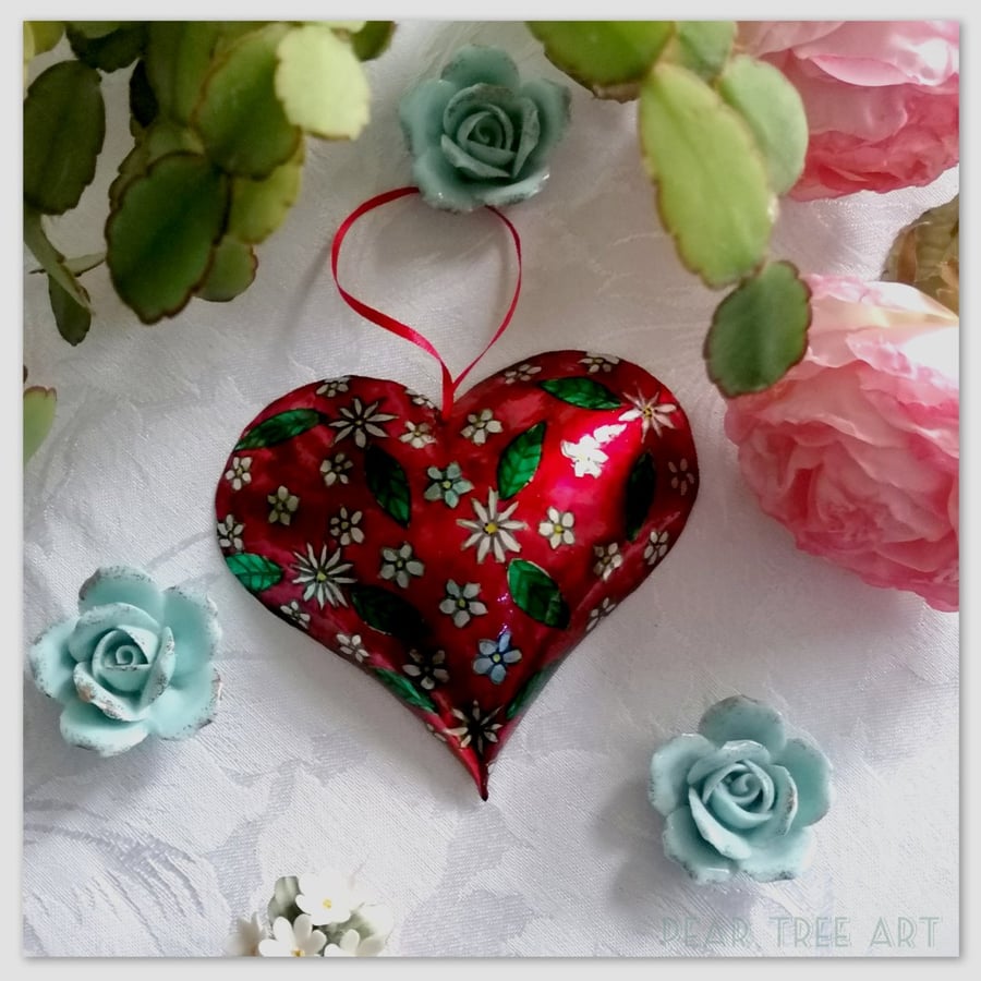 Red Embossed Metal Heart decoration with flower... - Folksy
