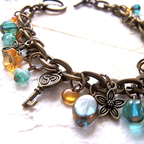 Vintage Style Brass Charm Bracelet with Heart, ... - Folksy