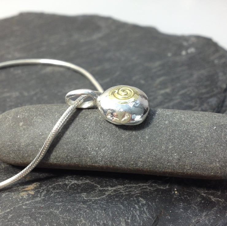 Silver and 18ct gold spiral pebble pendant and ... - Folksy