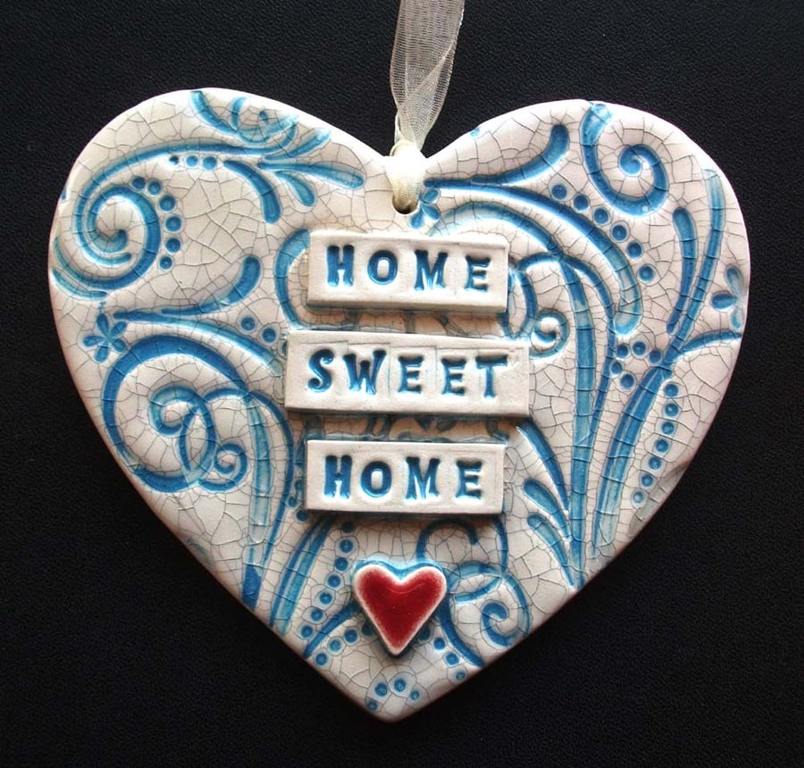 Blue ceramic heart decoration Home Sweet Home. - Folksy